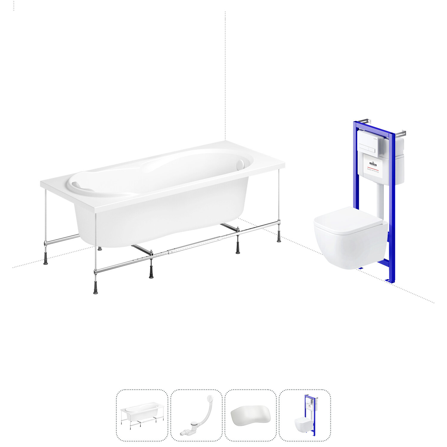 Акриловая ванна 150x70 с каркасом Lavinia Boho Easter Pro 20221142R в наборе 5 в 1: ванна, ножки, слив-перелив, подголовник, унитаз в комплекте