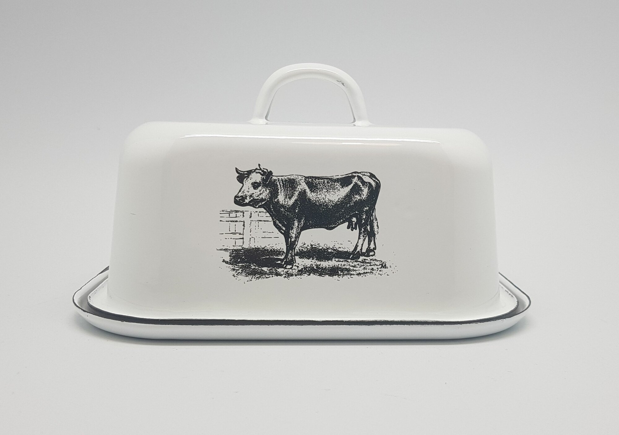 Масленка большая с принтом "корова", эмалированная, длина 18.5см
