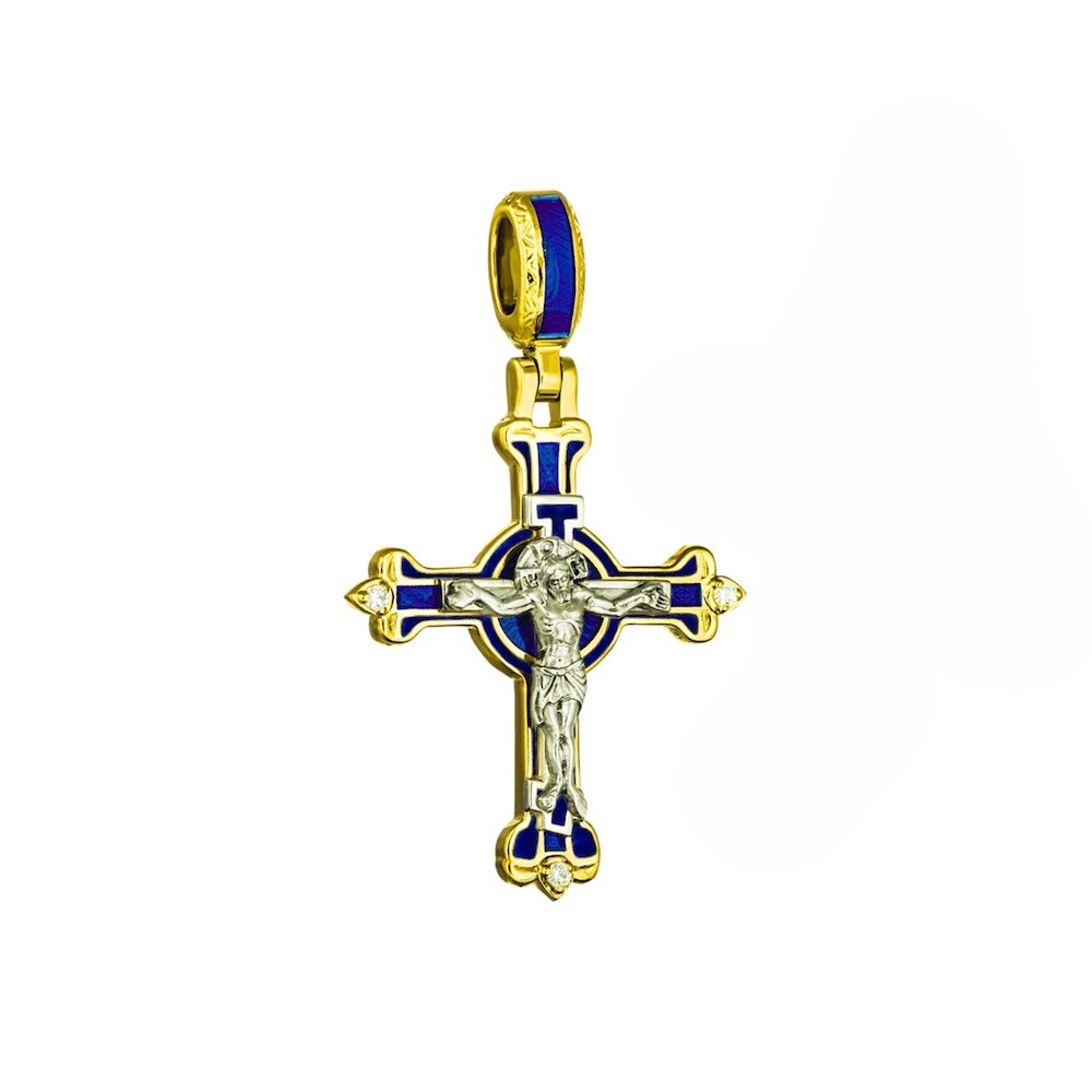 Крестик Ювелирная мастерская монастыря Нилова Пустынь, серебро, 925 проба, золочение, чернение, кристаллы Swarovski