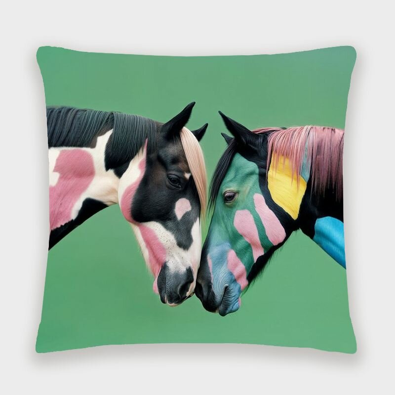 Чехол для подушки Два черных коня в узорах на зеленом фоне 40х40 велюр