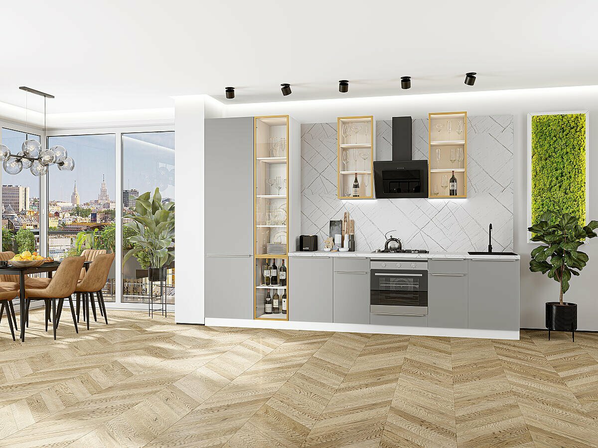 Кухонный гарнитур 3,4 м Мебель-МСК Фьюжн-08 Silky Light Grey, полки ЛДСП, 234х340х60 см