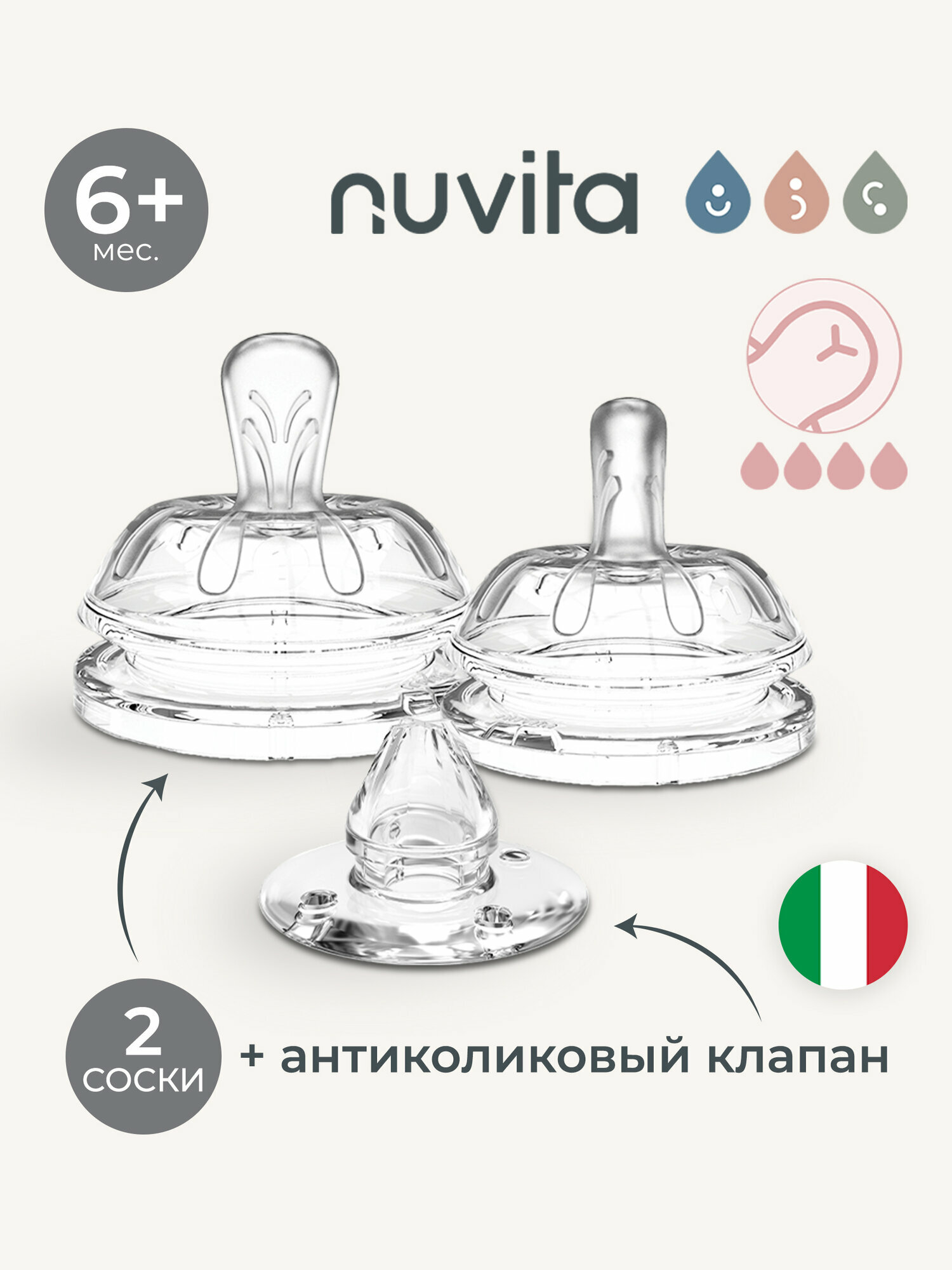 Набор Nuvita Teats Flow Y: силиконовая соска для бутылочек, для смесей и жидких каш (2 шт.) и антиколиковый клапан
