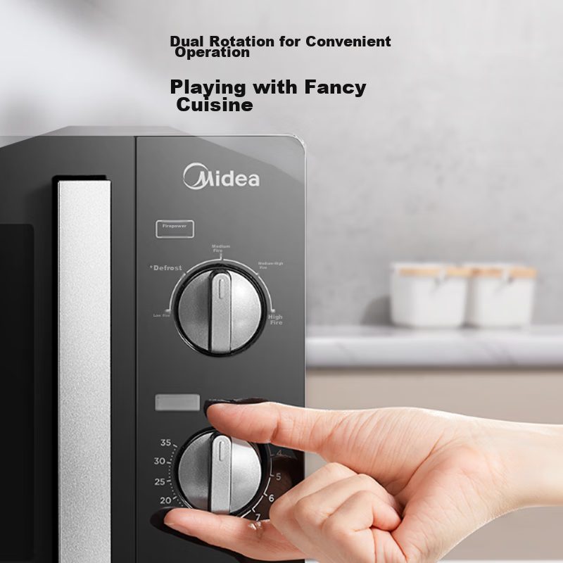 Midea Variable Frequency Microwave Oven, Dual-Button Easy Operation, Five Power Levels for Rapid Heating, 360° Rotating Turntable, 20L Compact Capacity, Micro-Carbon Series PM20A1