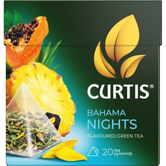Чай зеленый Curtis "Bahama Nights" с кусочками спелого ананаса и ароматом экзотических фруктов фруктовый ароматизированный 20 пирамидок
