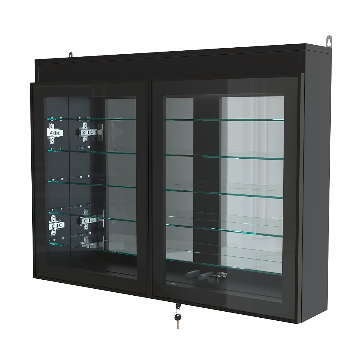 Витрина настенная №3-8А широкая с подсветкой, стеклянными полками и зеркалом серии Collecto, Черный