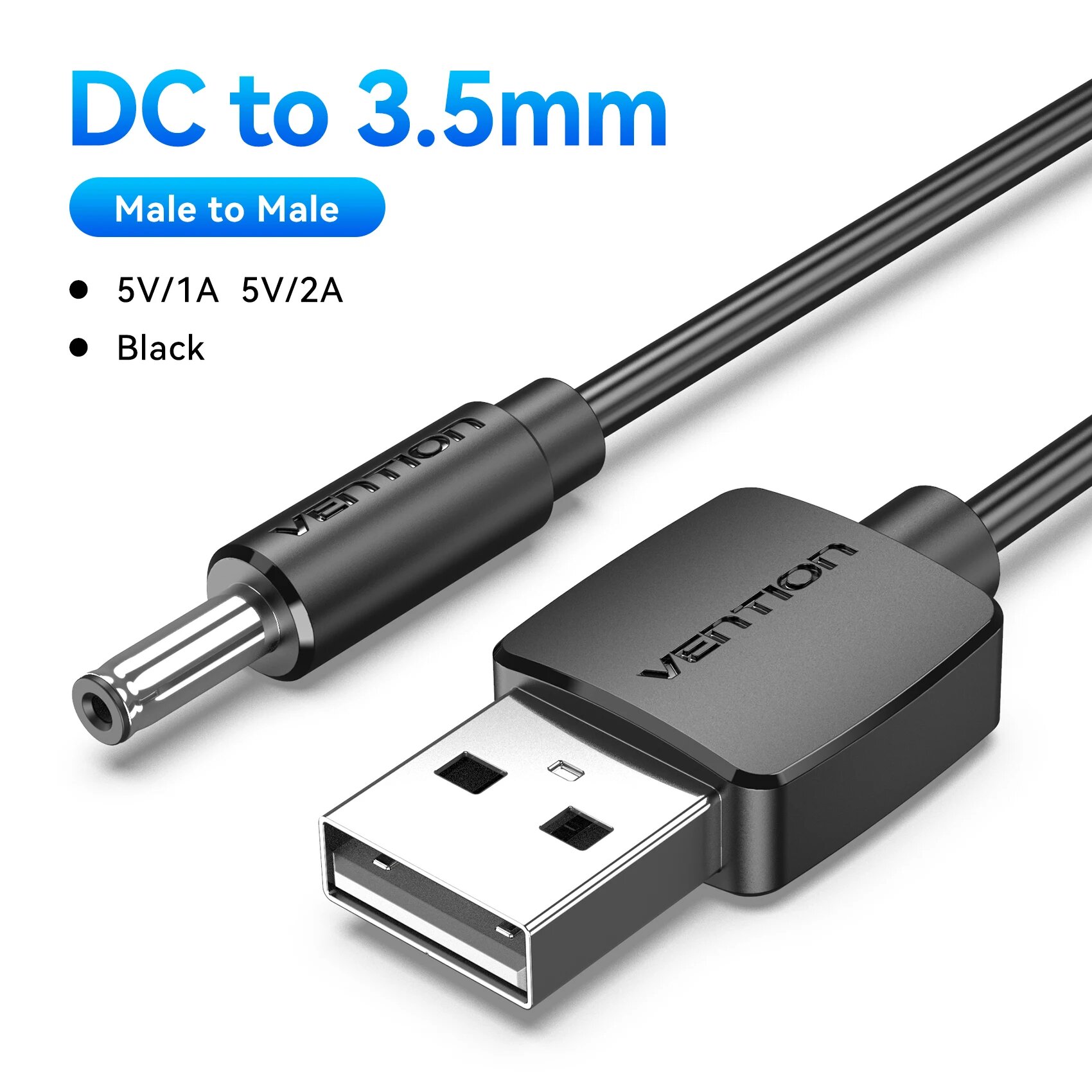 Кабель питания Vention USB на DC 3,5 мм 1.5m, DC to 3.5mm Black