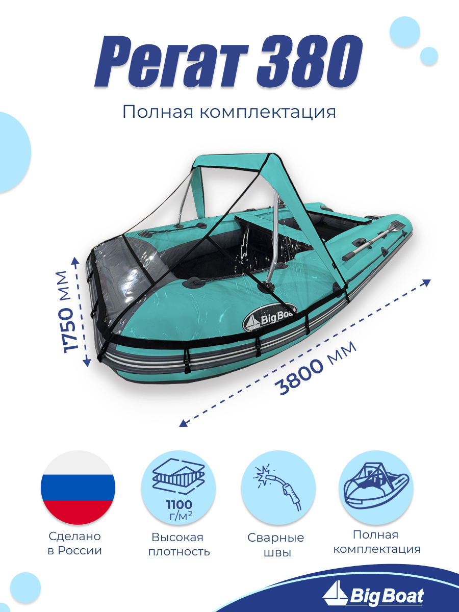 Надувная, под мотор, лодка в полной комплектации (носовой тент, Эва коврик, мягкие накладки) из ПВХ Регат 380 НДНД