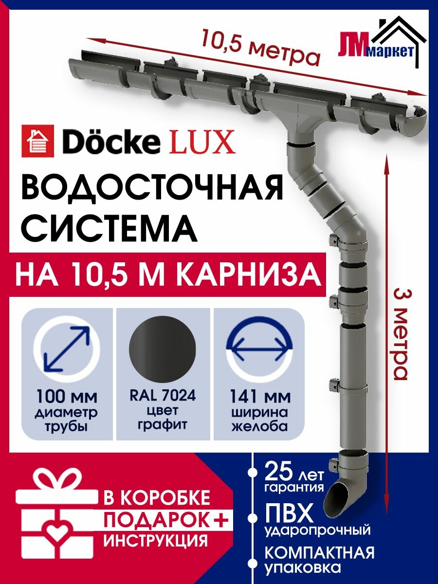 Водосточная система, Docke Lux, 10,5м/3м, RAL 7024, графит, серый, комплект