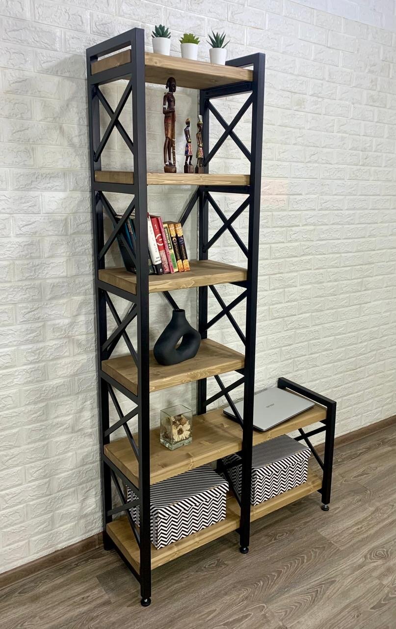 Стеллаж разноуровневый "Madrid-62L" в стиле Лофт с массивом дерева, 100*37*196 см