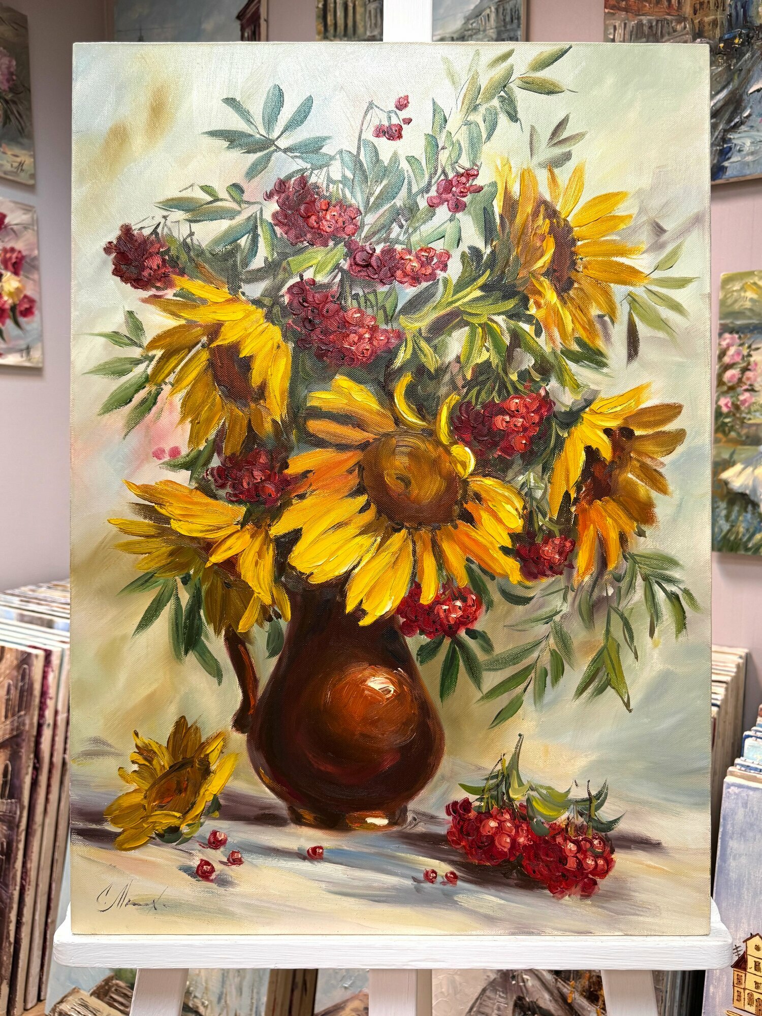 Картина маслом Подсолнухи в вазе 50х70 см. Художественная мастерская Грёзы.
