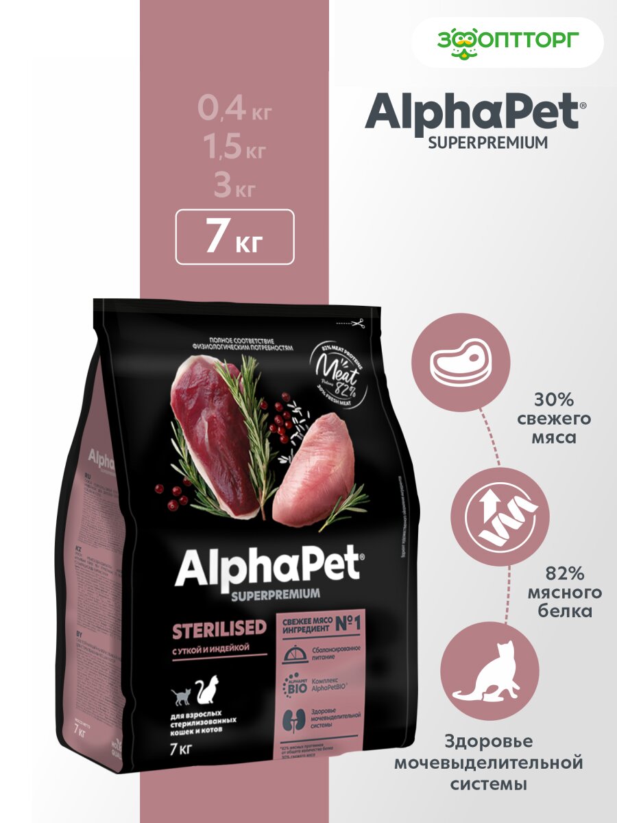 Сухой корм AlphaPet Superpremium для взрослых стерилизованных кошек и котов Утка и индейка, 7 кг.