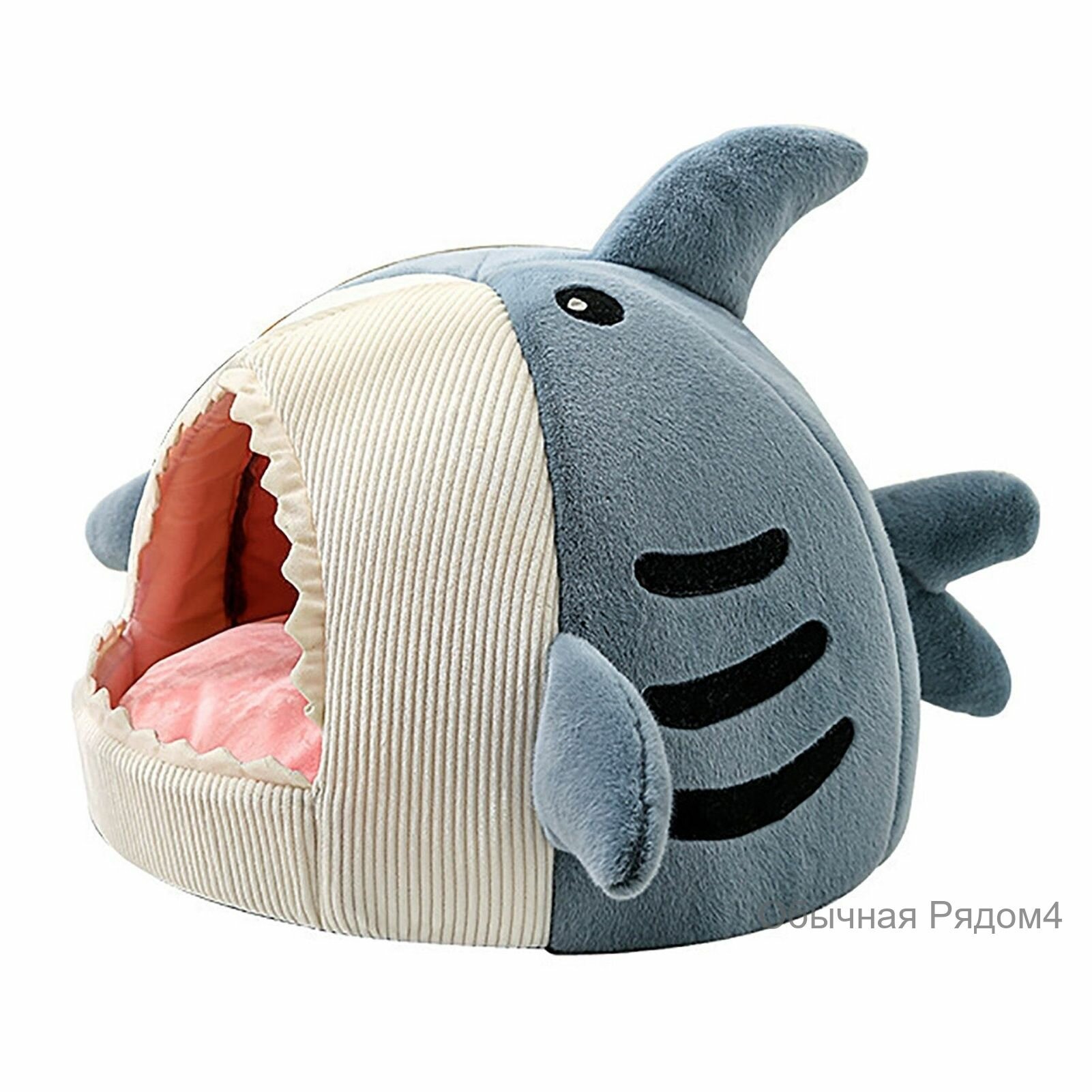 Уютная лежанка-пещера в форме акулы для кошек, голубая, размер S