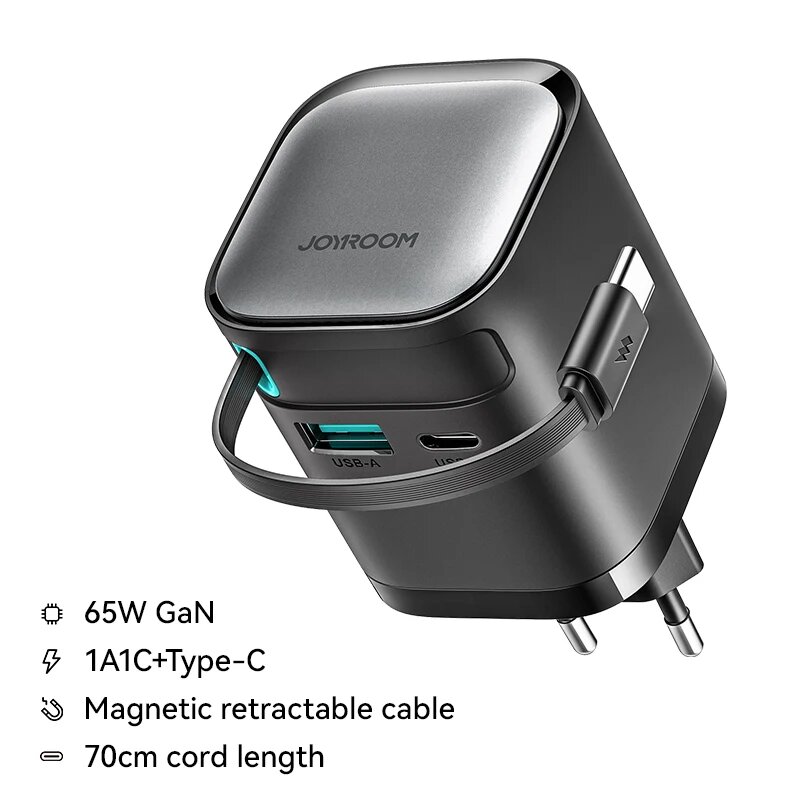 Зарядное устройство GaN Joyroom PD 3.0 65 Вт с выдвижным кабелем USB C, настольное зарядное устройство, вилка европейского стандарта, быстрая зарядка для iPhone 16 15, планшета, ноутбука, 65W Desktop Charger