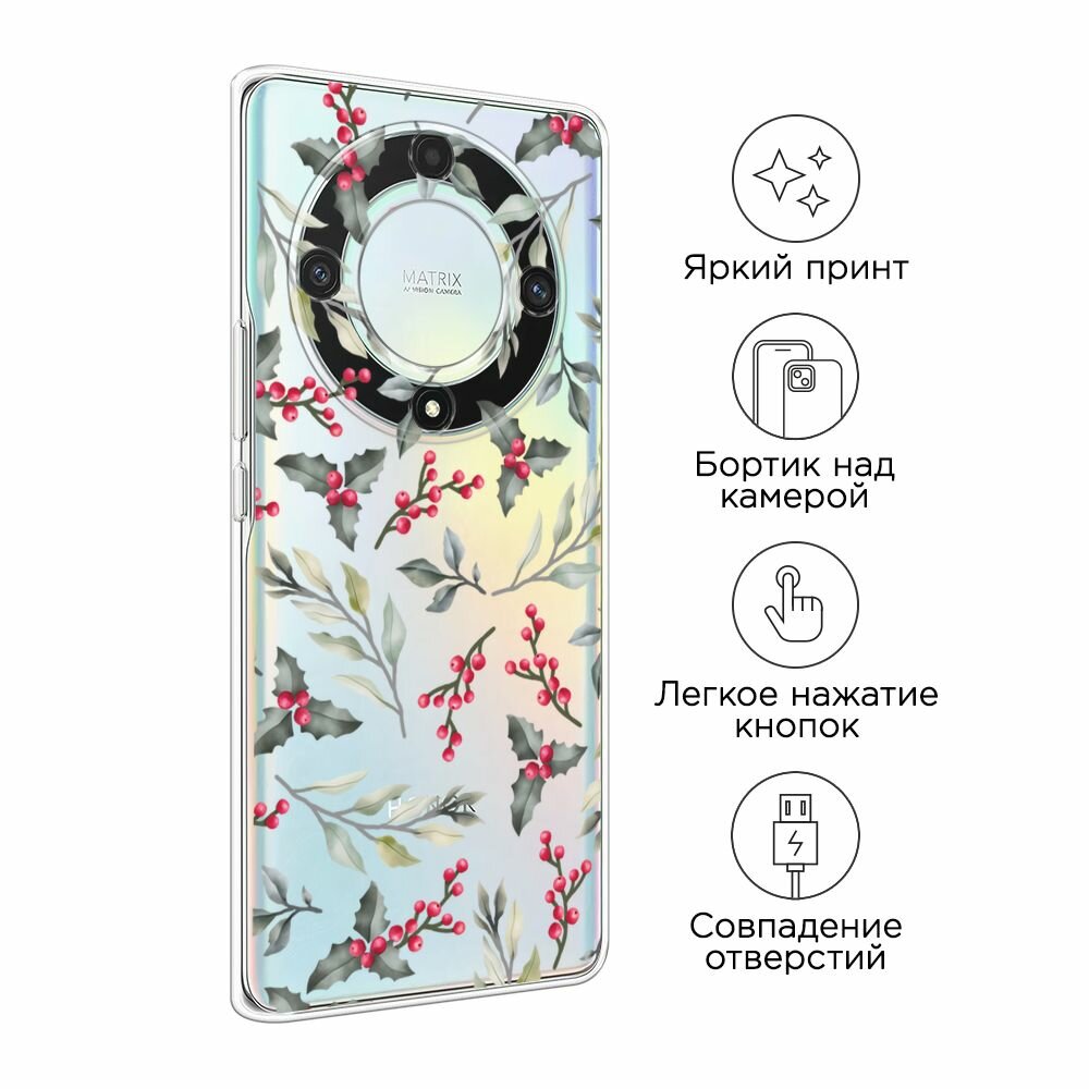 Чехол на Honor X9A / Хонор X9A с принтом Зимние ягоды паттерн, прозрачный — фото 1