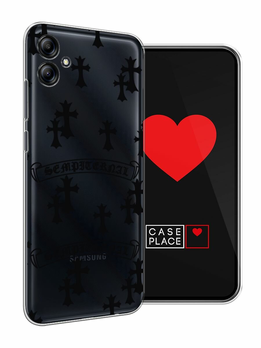 Чехол на Samsung Galaxy A04e / Самсунг A04e с принтом "Кресты паттерн чёрный", прозрачный — фото 1