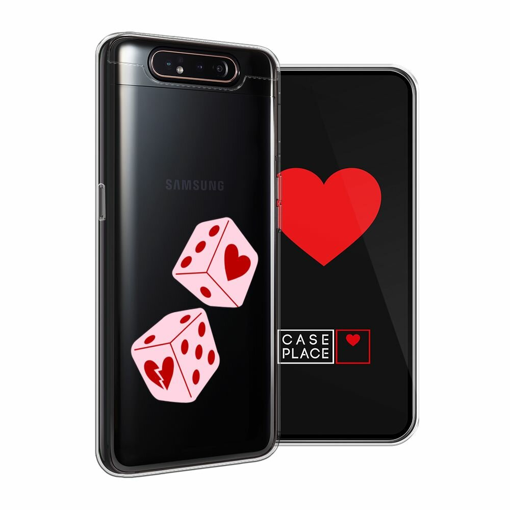 Чехол на Samsung Galaxy A80 / Самсунг Гэлакси A80 с принтом "Игральные кубики любви - 14 февраля", прозрачный — фото 1
