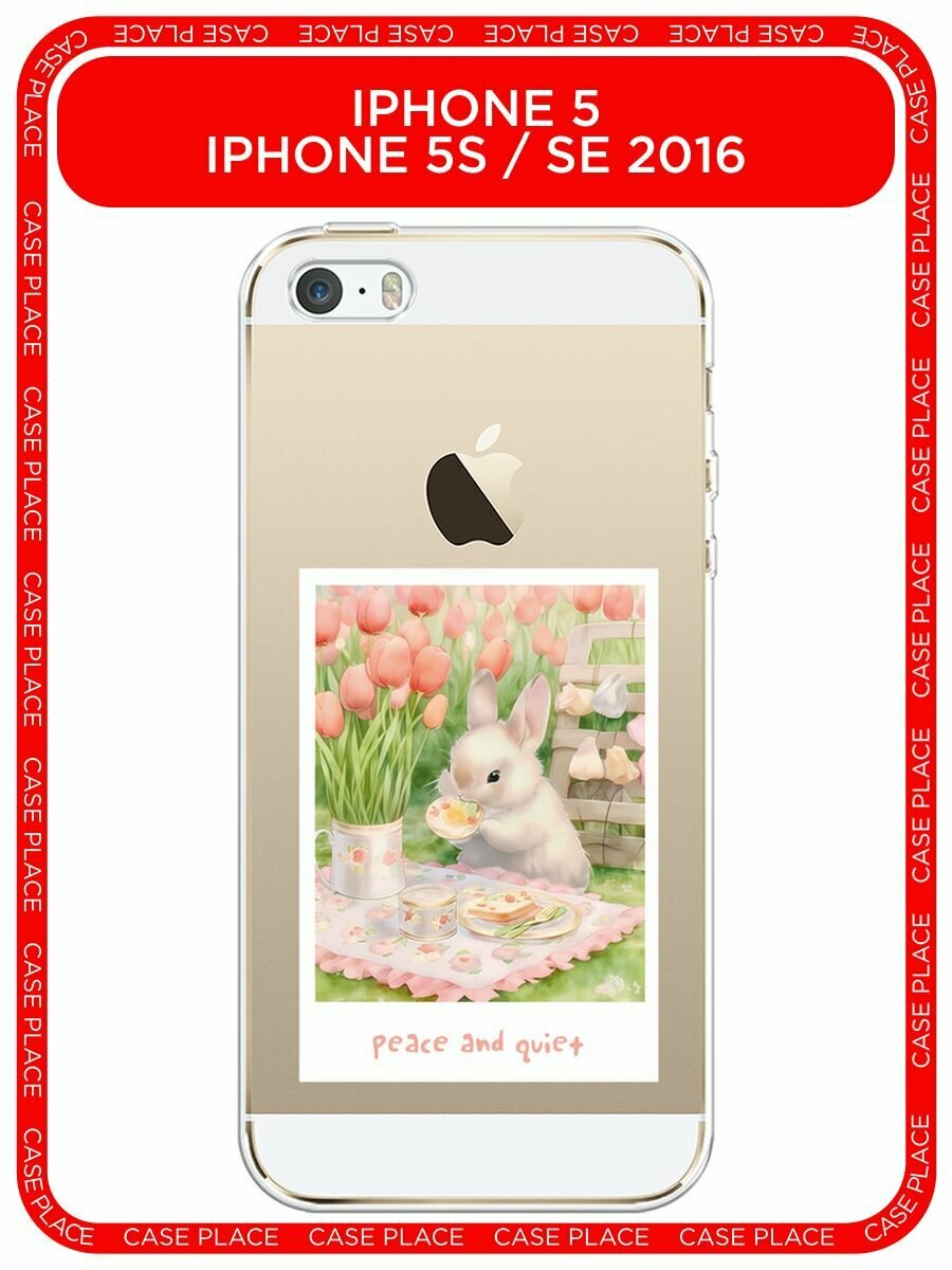 Чехол на Apple iPhone 5/5S/SE / Айфон 5/5S/SE с принтом "Кролик на пикнике", прозрачный