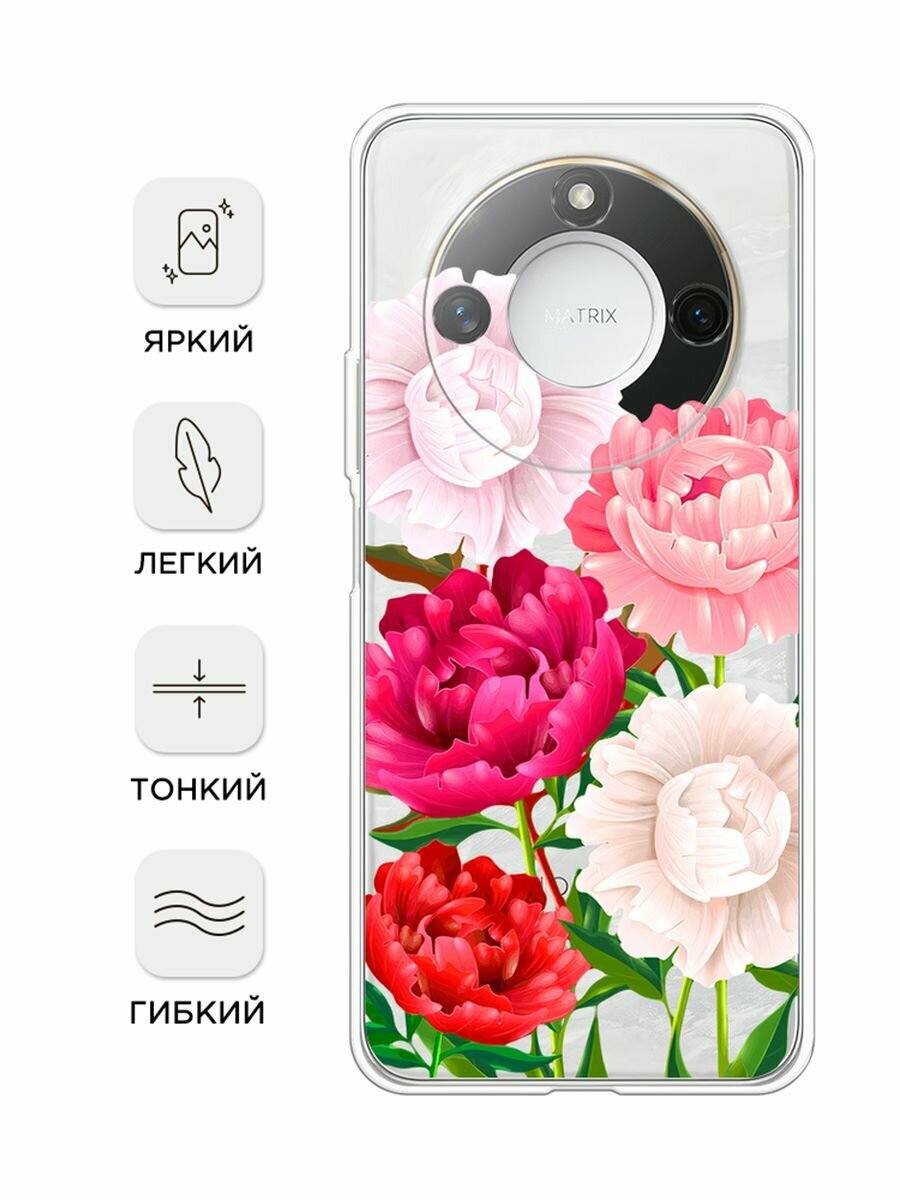 Чехол на Honor X9c Smart / Хонор X9c Смарт с принтом "Большие пионы", прозрачный — фото 1