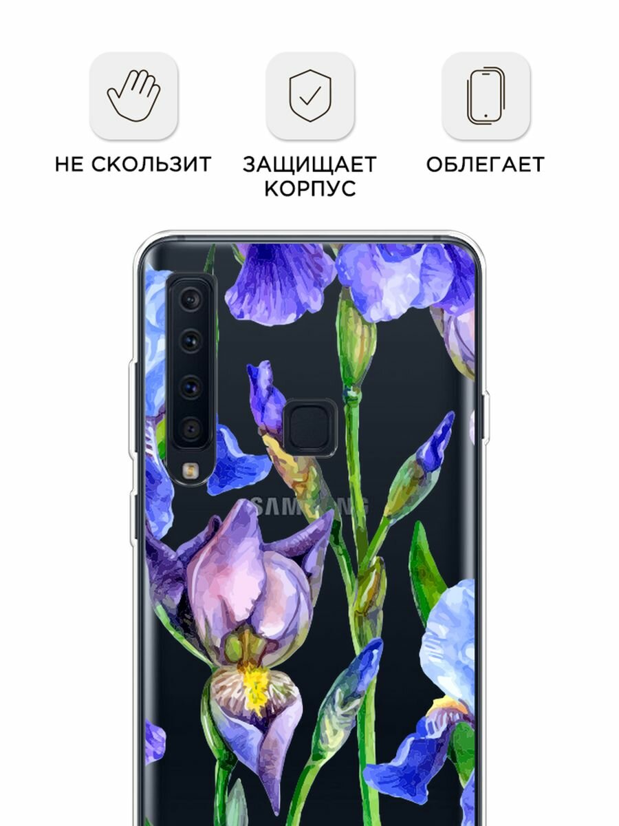 Чехол на Samsung Galaxy A9 2018 / Самсунг Галакси А9 2018 с принтом "Синие ирисы", прозрачный — фото 1