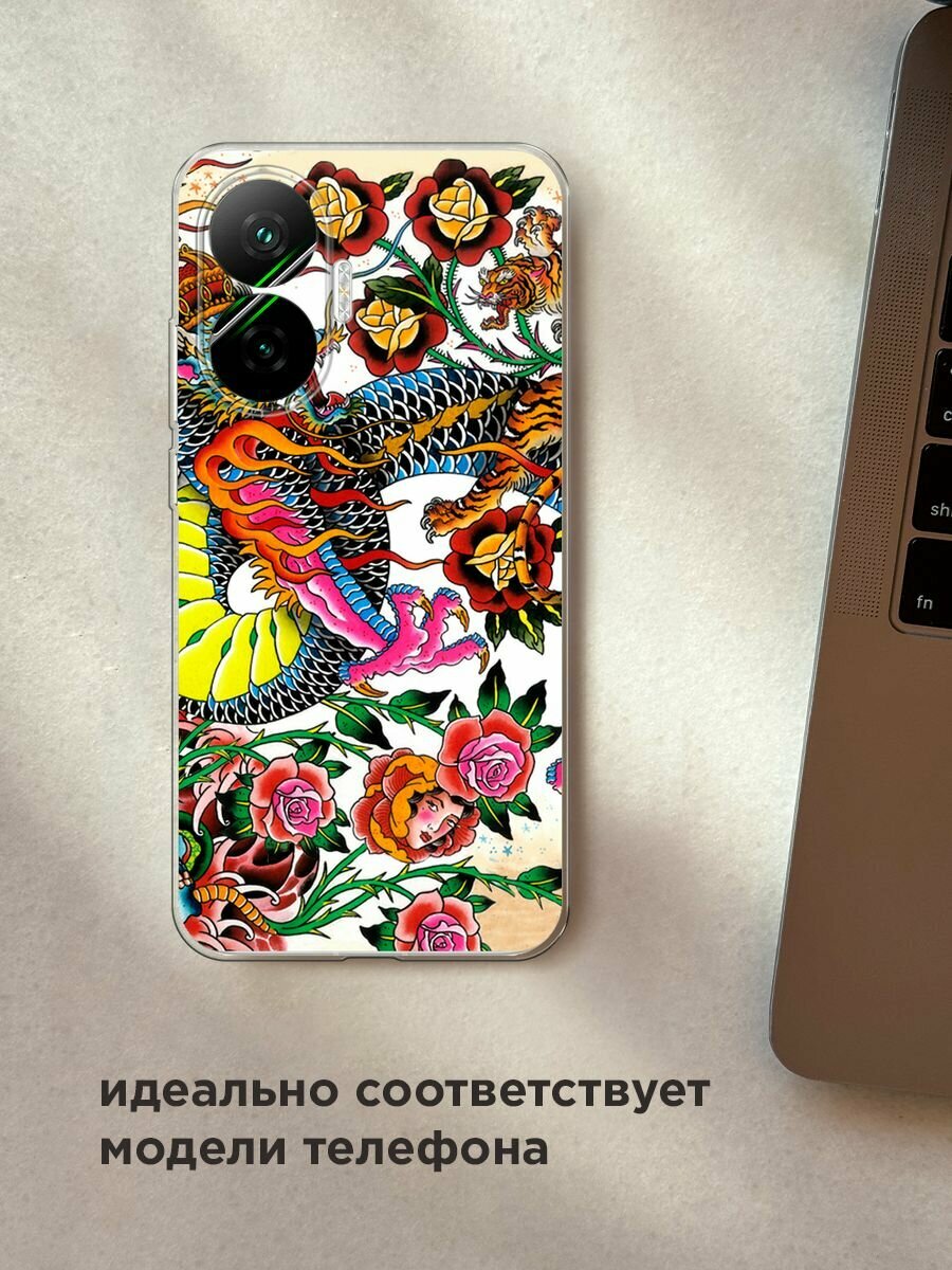 Силиконовый чехол на Poco F7 / Поко F7 с принтом "Дракон в цветах" — фото 1