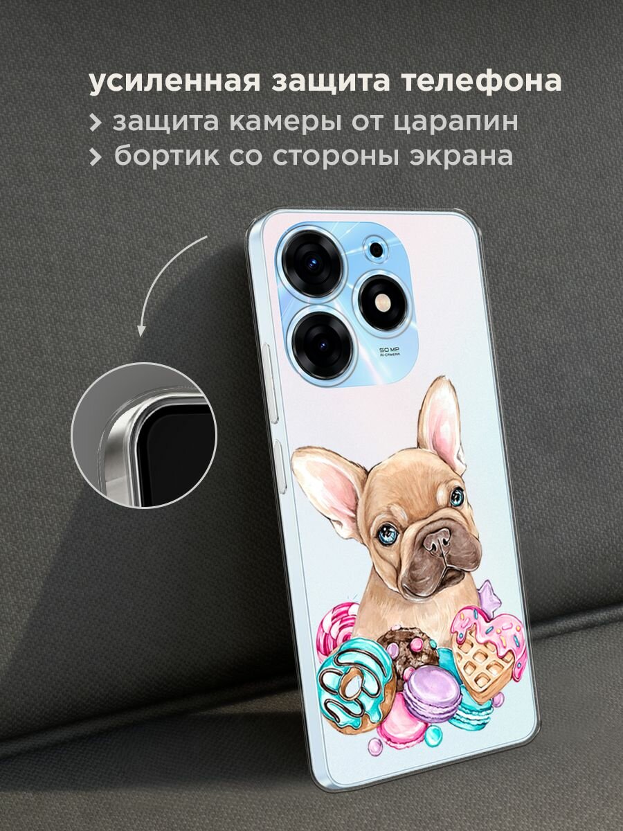 Чехол на Tecno Spark 10 Pro / Текно Спарк 10 Про с принтом "Бульдог и сладости", прозрачный — фото 1