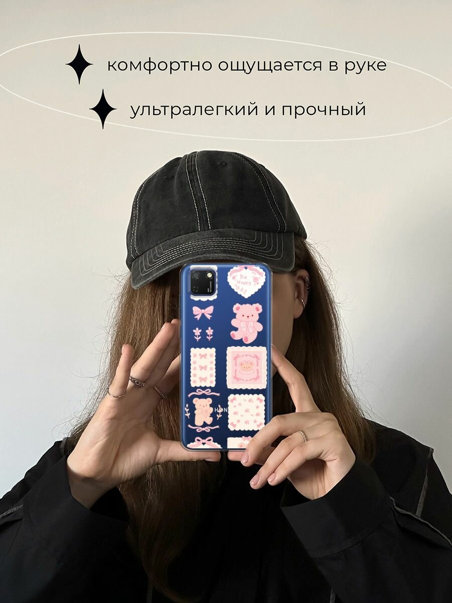 Чехол на Honor 9S/Huawei Y5p / Хонор 9S/Хуавей Y5p с принтом "Розовые марки", прозрачный — фото 1