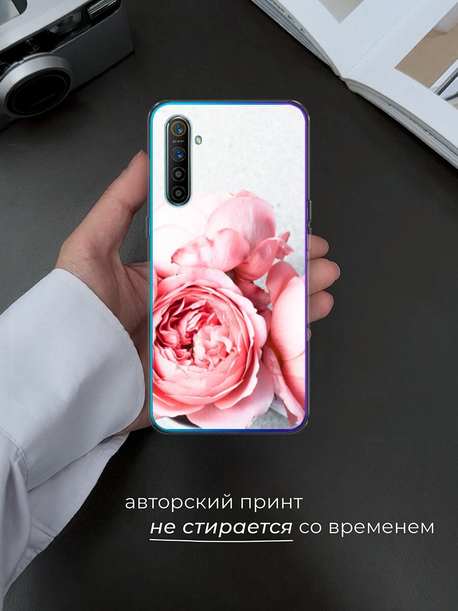 Силиконовый чехол на Realme XT / Реалми XT с принтом "Пионы на белом" — фото 1