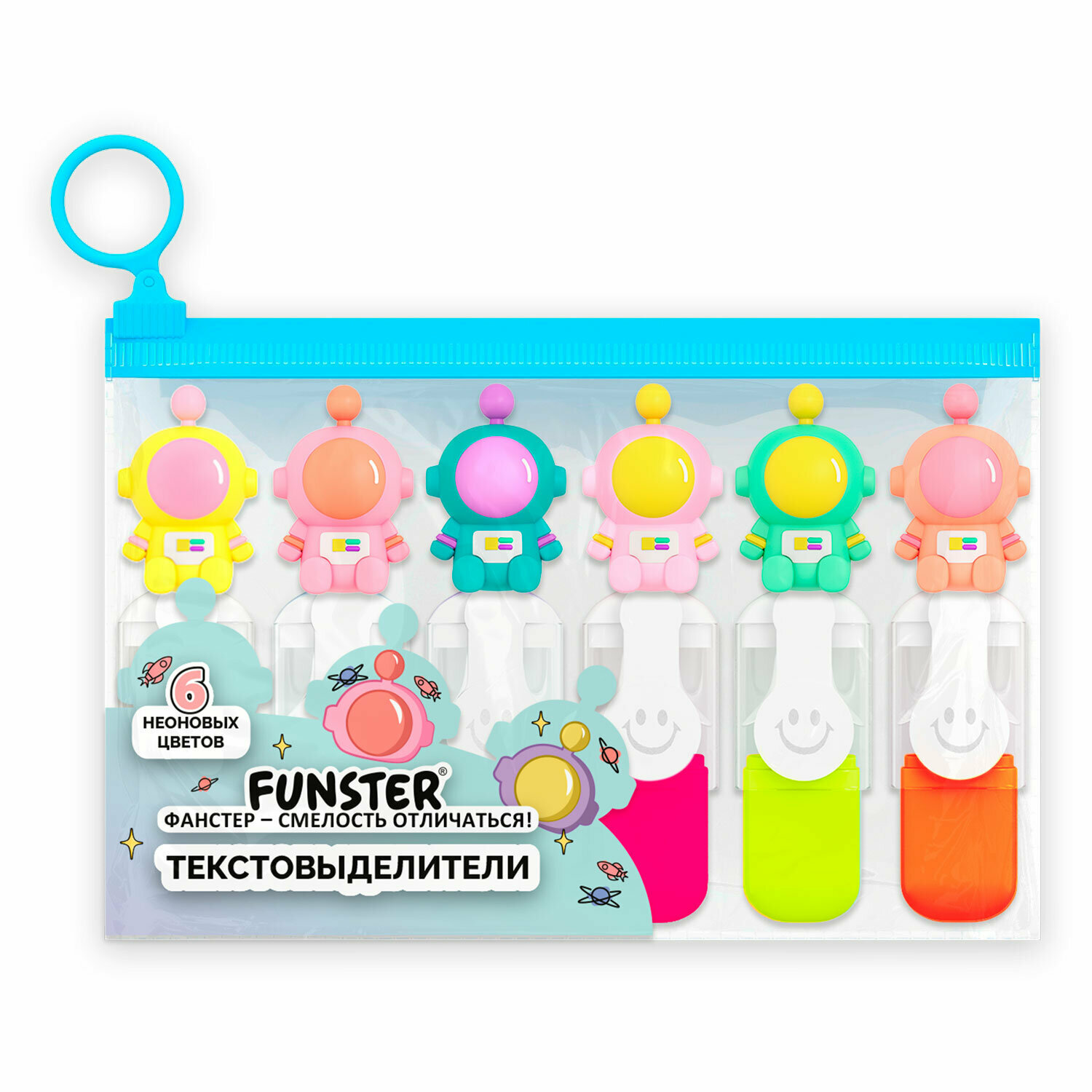 Набор текстовыделителей FUNSTER с топперами 6 цветов неон, "Космо", линия 1-4 мм