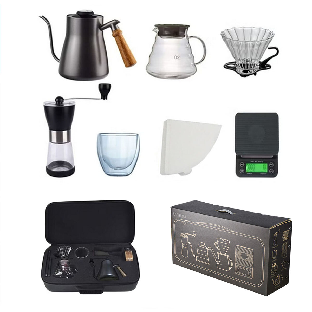 Набор капельной кофеварки, набор V60 кофеварки, 7 предметов кофейных инструментов с портативной сумкой для путешествий, набор фильтров V60, для дома, путешествий, кемпинга.