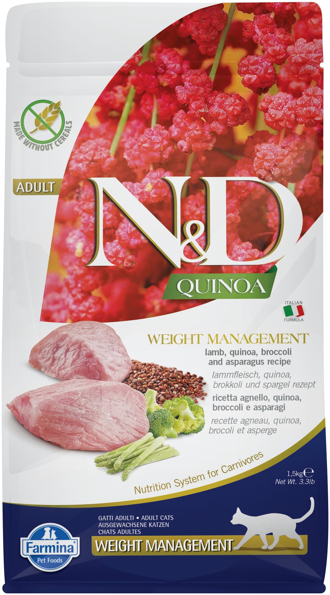 Сухой корм Farmina N&D Quinoa Weight Management для кошек, беззерновой, контроль веса, ягненок и киноа 1.5 кг
