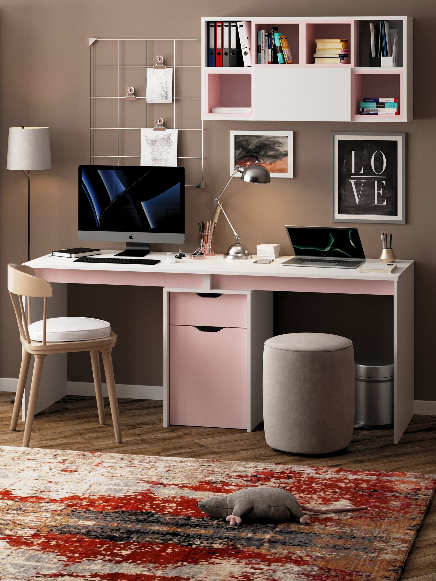 Есэндвич Grand Лаворо 6 Письменный стол для двоих, двойной, с тумбой 180х60х75 см (Белый/Розовый кварц)