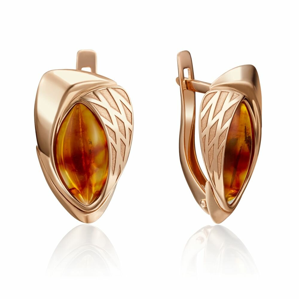 Серьги, красное золото, 585 проба, янтарь