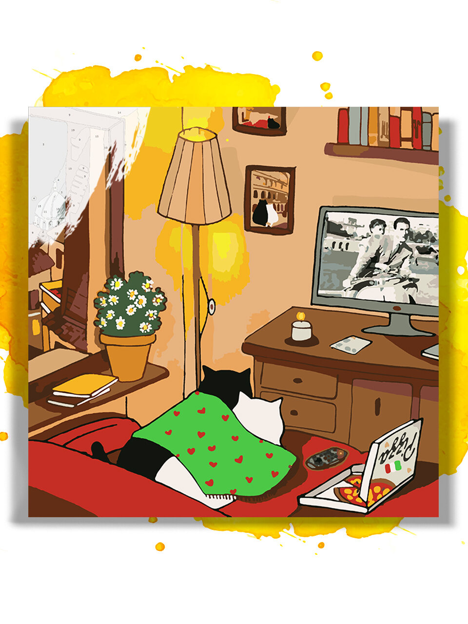 Картина по номерам на холсте Черный кот смотрит черно-белые фильмы, 40 х 40 см