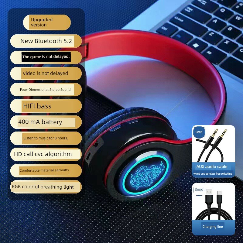 Беспроводные наушники-головные с Bluetooth 5.2, RGB-подсветкой, красный узор «дракон» для игр и музыки