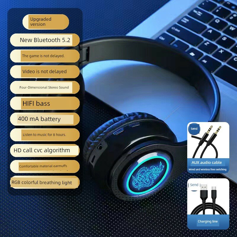 Беспроводные наушники-головные с Bluetooth 5.2, RGB-подсветкой, черный узор «дракон» для игр и музыки