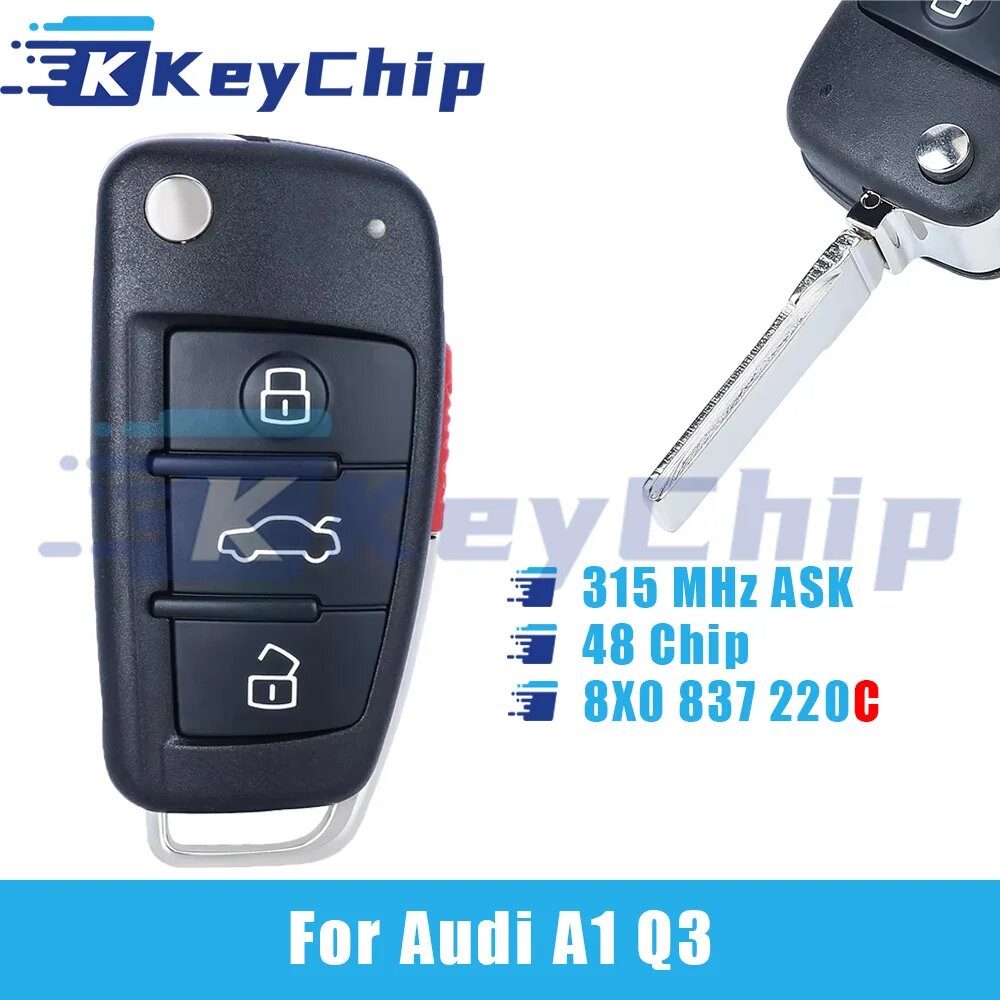 KeyChip для Audi A1 3 + 1 кнопки откидной дистанционный ключ от машины 315 МГц 48 чип 8X0837220C