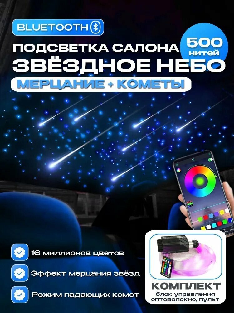 "Звездное небо" (с мерцанием + кометы) для установки в обивку потолка (500 нитей)