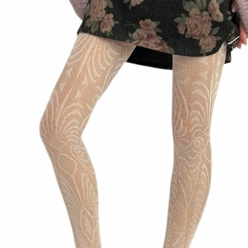 Кружевные чулки в сеточку, Колготки-Белый