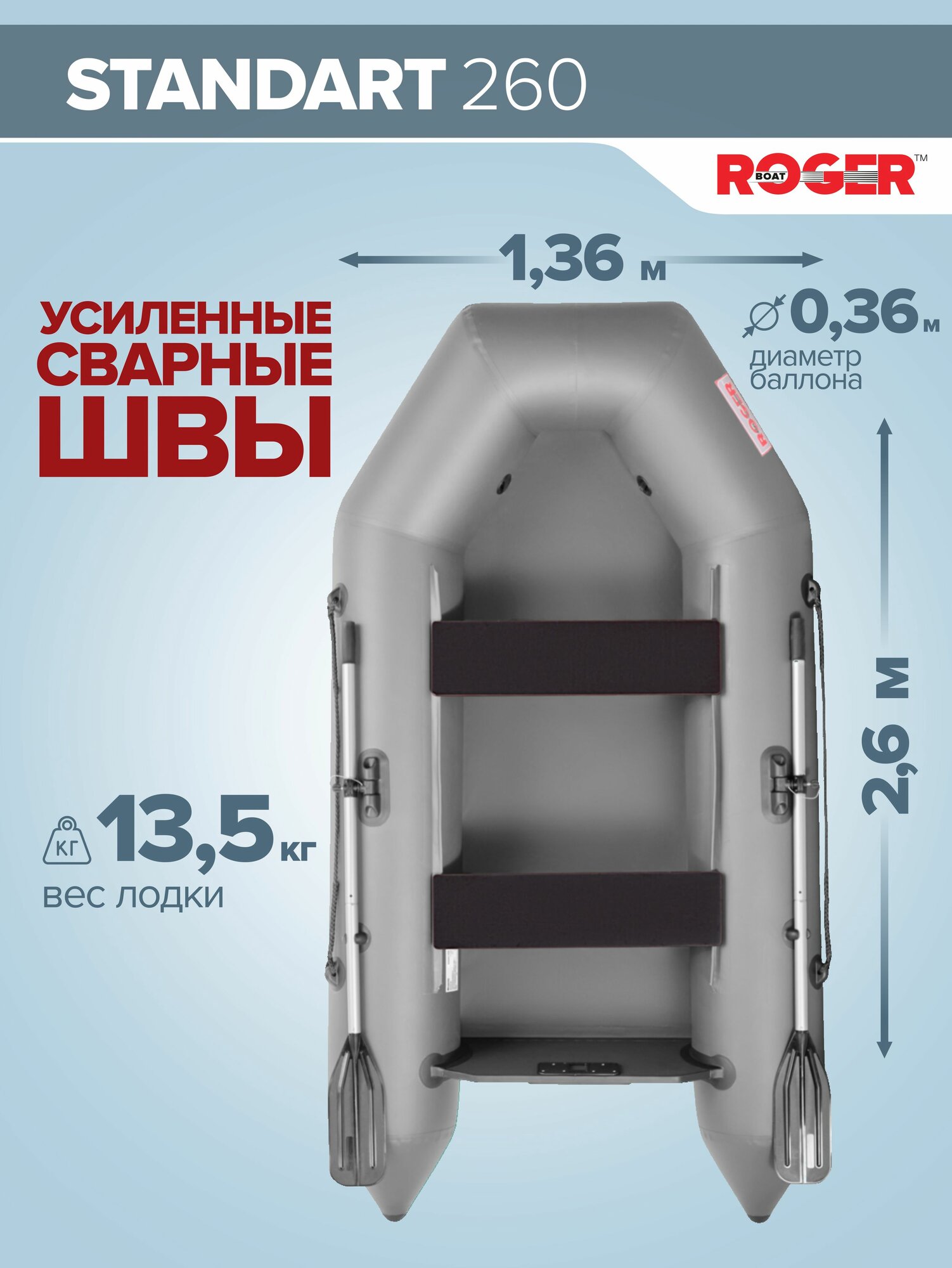 Лодка надувная для рыбалки ПВХ под мотор ROGER Standart 260, с транцем (серый)