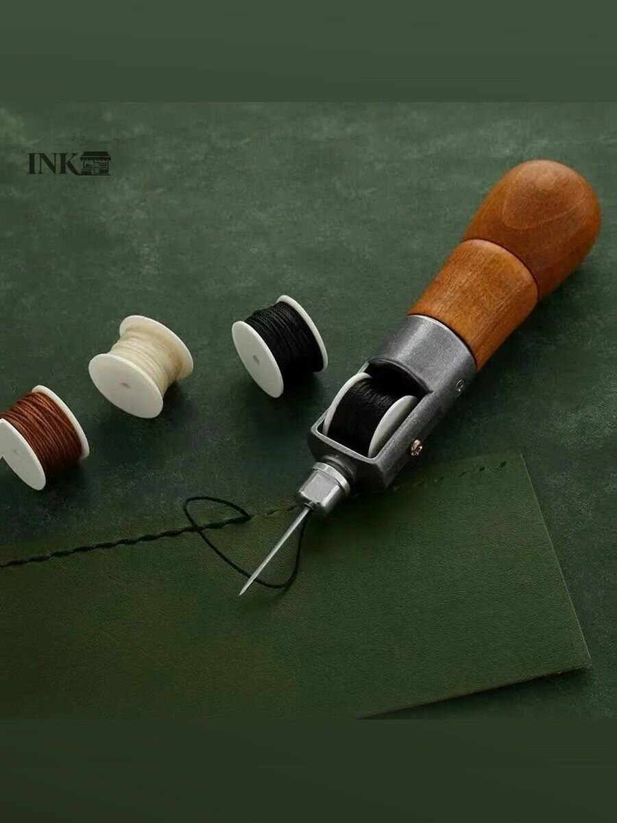 Машинка для шитья по коже, нить вощеная черный цвет, 2 иглы в комплекте