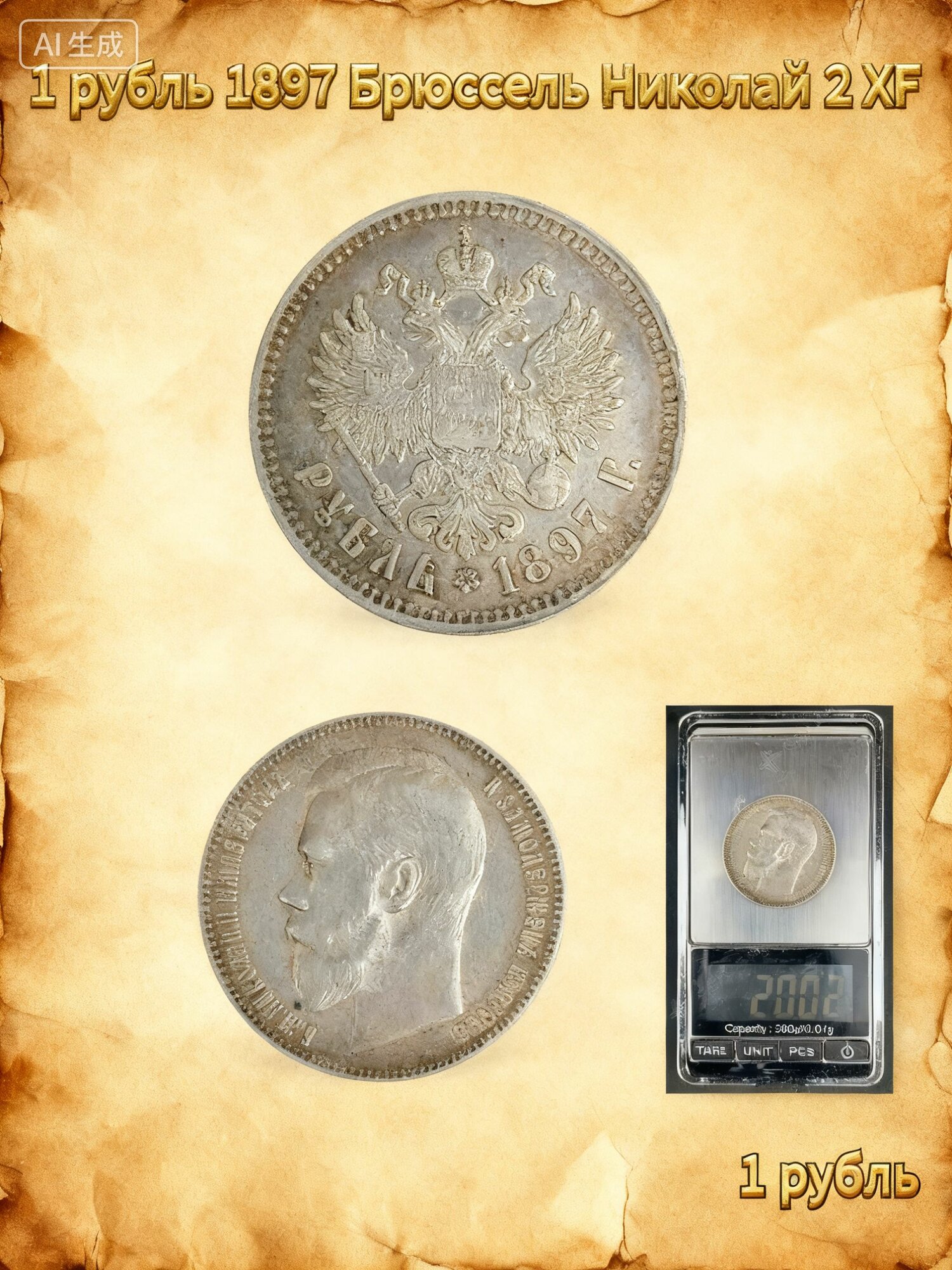 1 рубль 1897 Николай II, серебро 0.900, Брюссельский чекан, Российская Империя, XF (Extremely Fine), редкая коллекционная монета