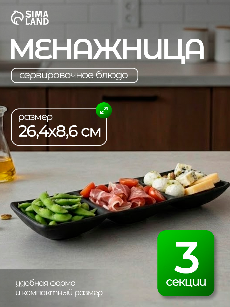 Менажница 3 секции «Чёрный Восток», 26.4×8.6×3.3 см, пластик, чёрная