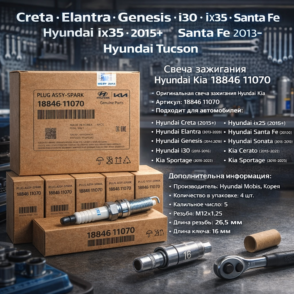 Свеча зажигания Hyundai Kia 1884611070 — Hyundai Creta, Elantra, Genesis, i30, ix35, Santa Fe, Sonata, Tucson, 4 шт