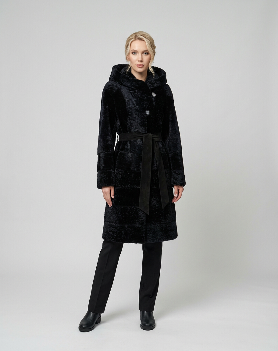 Шуба из стриженного мутона ELENA FURS, темно-синяя, размер 46 (M)