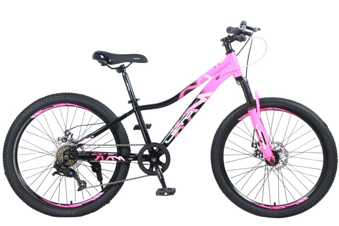 Велосипед 24" LETO ALMA, сталь, рама 12", 7-скор, чёрный/розовый
