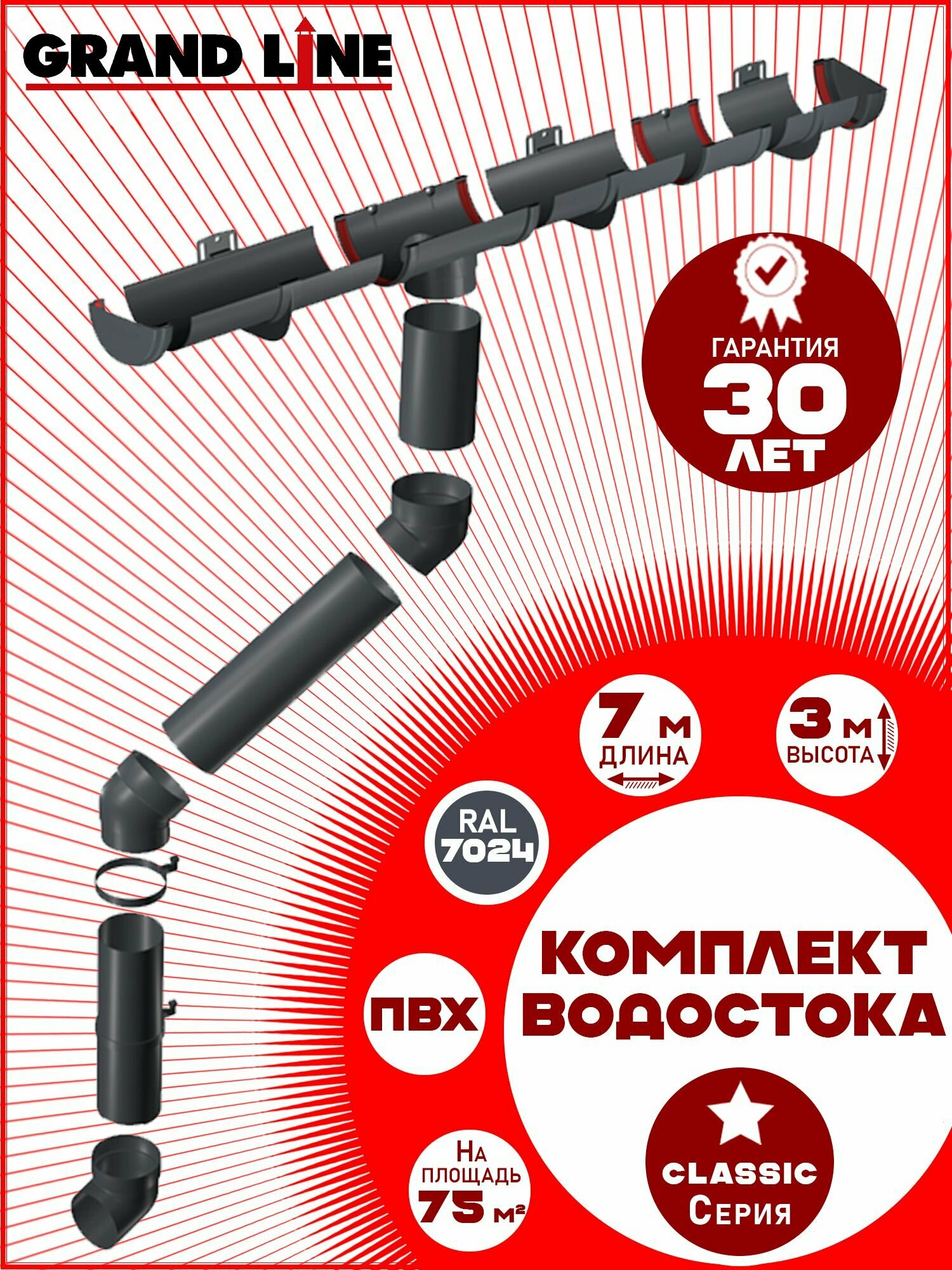 Комплект водосточной системы Grand Line на 7 м карниза по 1 метру (120мм/90мм) графит RAL 7024, набор элементов водостока для крыши пластик Гранд Лайн ( серый ) ПВХ