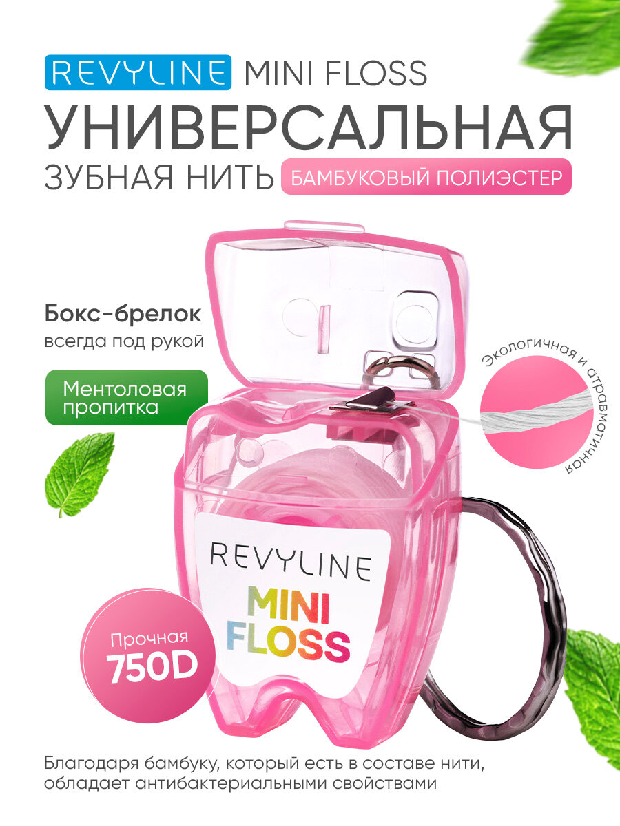 Зубная нить Revyline Mini Floss, вощеная, мятная с бамбуком, 15 м, дорожный брелок, розовый