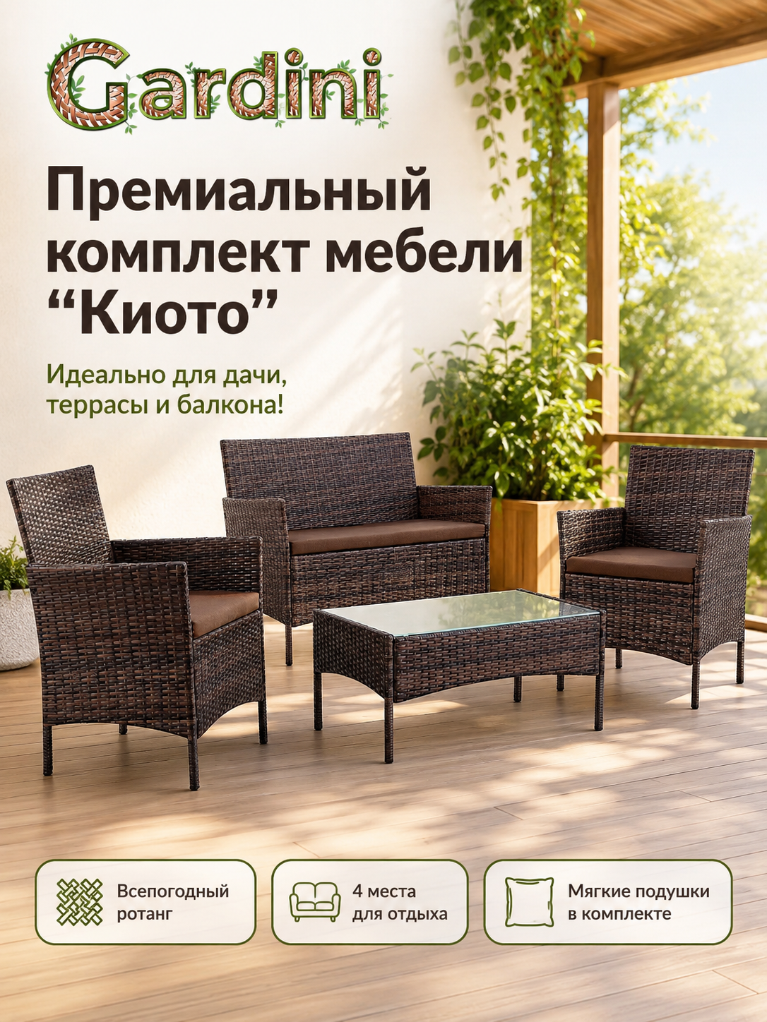 Садовая мебель из искусственного ротанга комплект для дачи, балкона и террасы Киото Шоколад (диван, 2 кресла, стол)