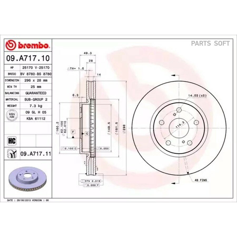 BREMBO 09. A717.11 Диск тормозной передн. с УФ покрытием LEXUS IS C (GSE2_) 04/09-> / LEXUS IS II (GSE2_ ALE2_ USE2_) ()