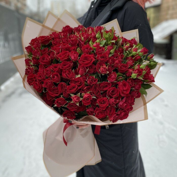 Букет из 51 красная кустовая роза, сорт Рубикон, высота 50 см, монобукет живых цветов от ROZA4U